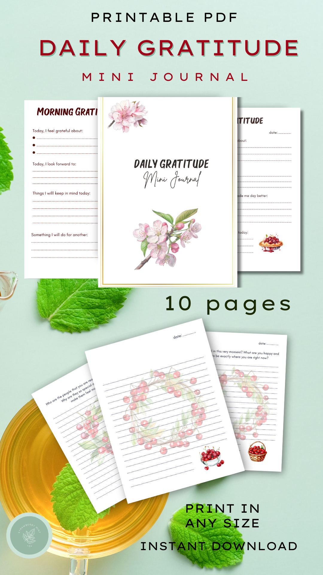 Cherry Blossom Bliss: Gratitude Mini Journal – Strawberry Mint Tea